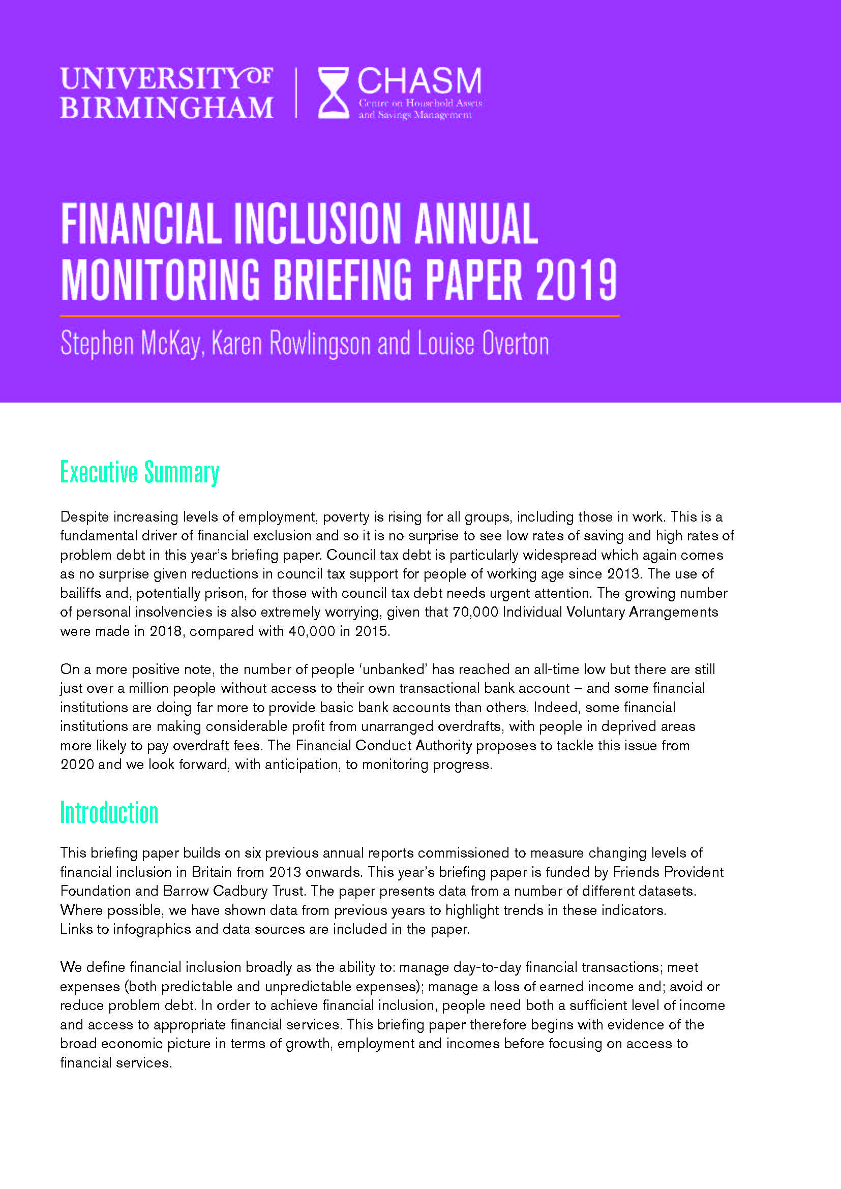 Financial Inclusion briefing 2019 - Barrow Cadbury Trust